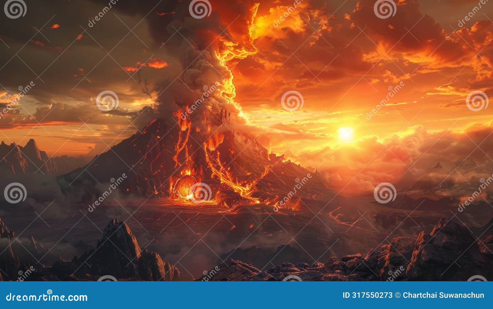 A Fiery Volcano is Spewing Lava into the Sky, Surrounded by a Desolate ...