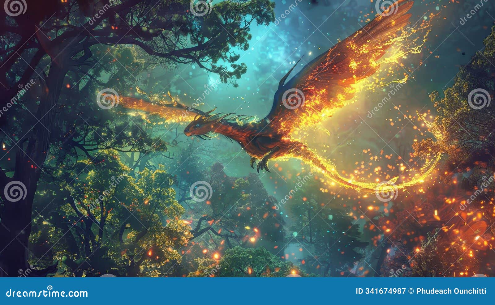 Fiery Winged Creature Soaring through Enchanted Forest Stock ...
