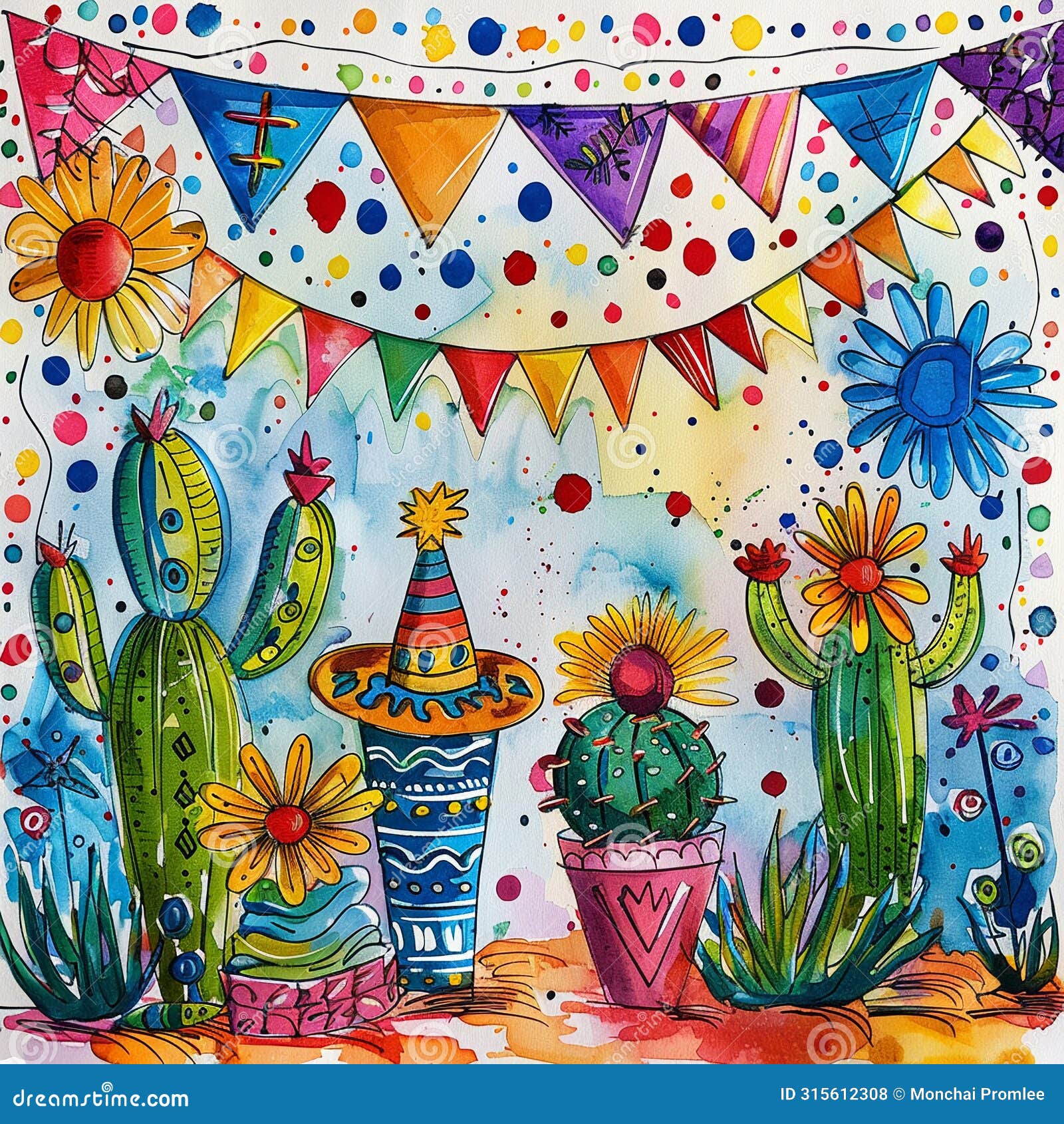 Fiesta with Colorful Decorations, Multicolor, Watercolor, Hand Drawing ...
