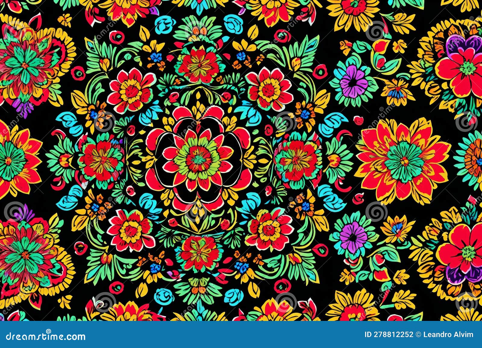Fiesta of Colors a Mexican Floral Pattern on Black.AI Generated Stock ...