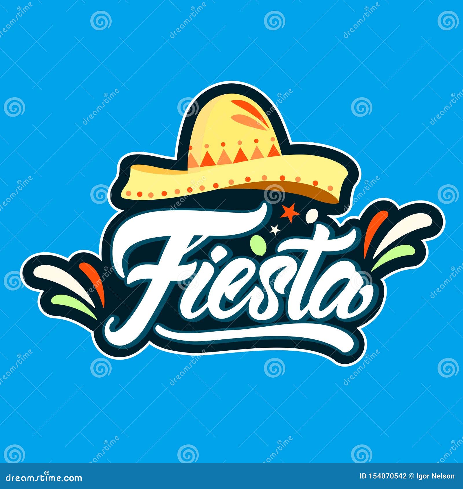 Fiesta Text in Lettering Style. Sticker with Hat and Gradient. Vector ...