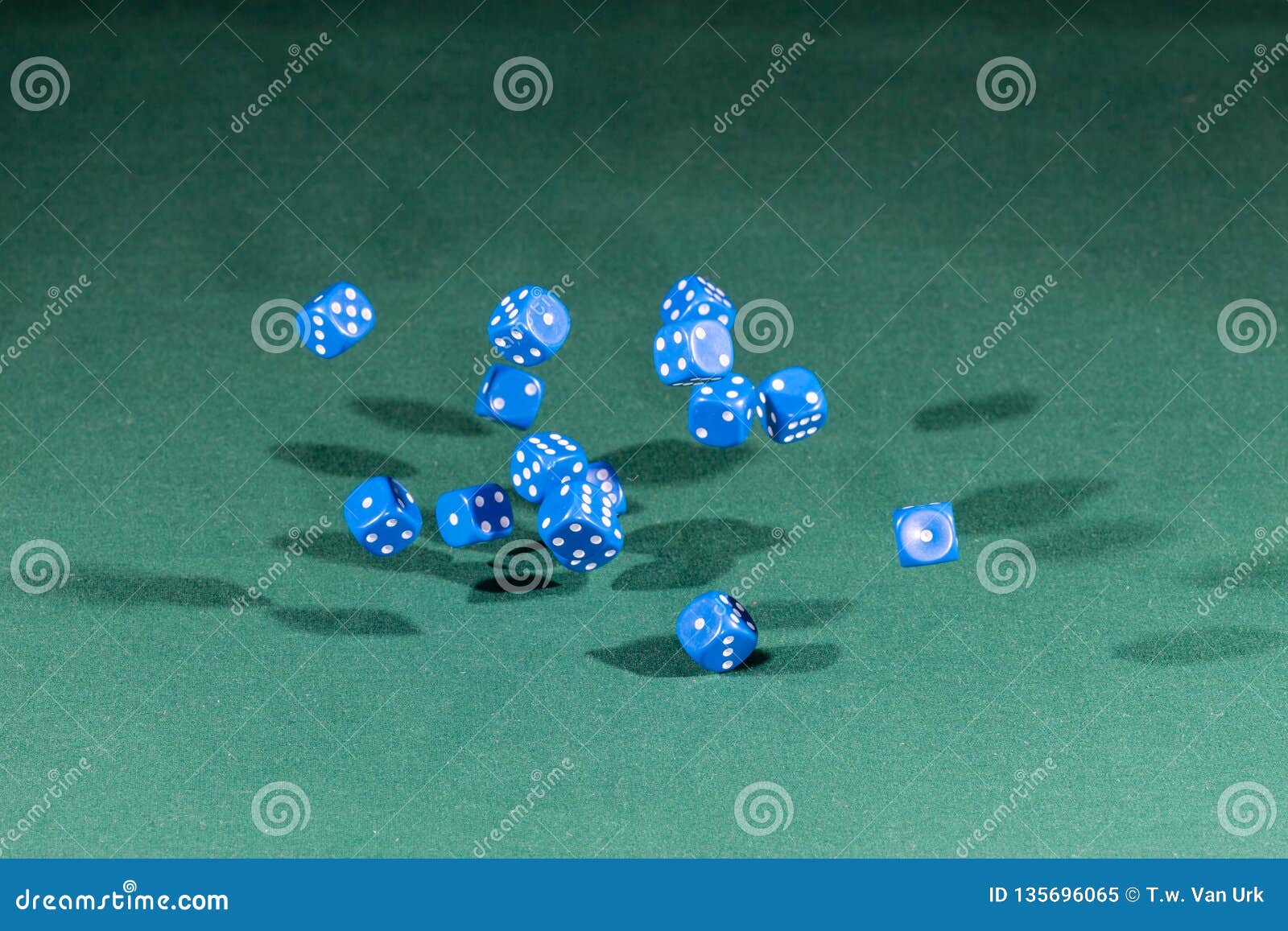 Fifteen Blue Dices Falling on a Green Table Stock Image - Image of ...