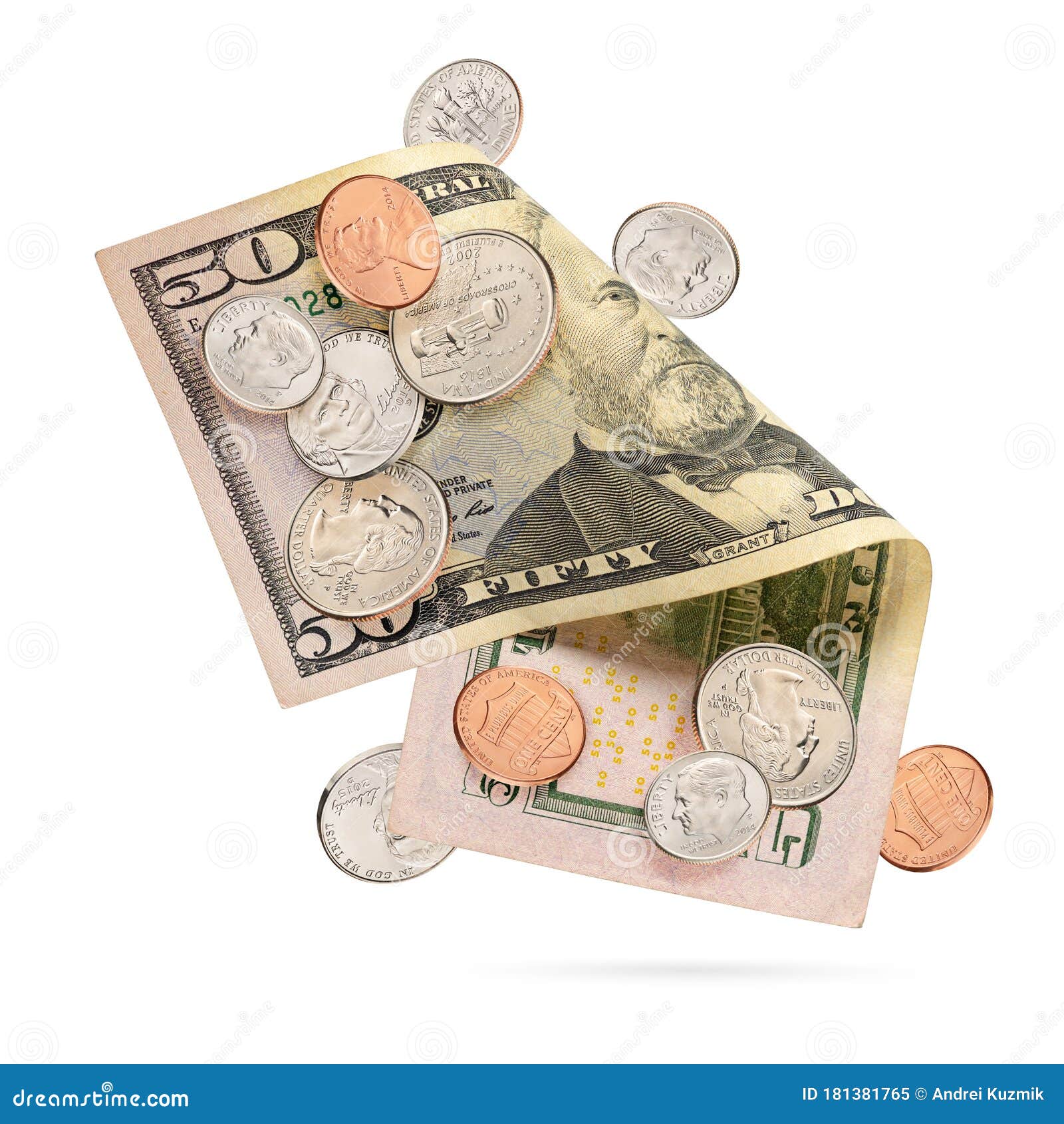 Fifty Dollar Bill and Different Cent Coins Isolated Stock Image - Image ...