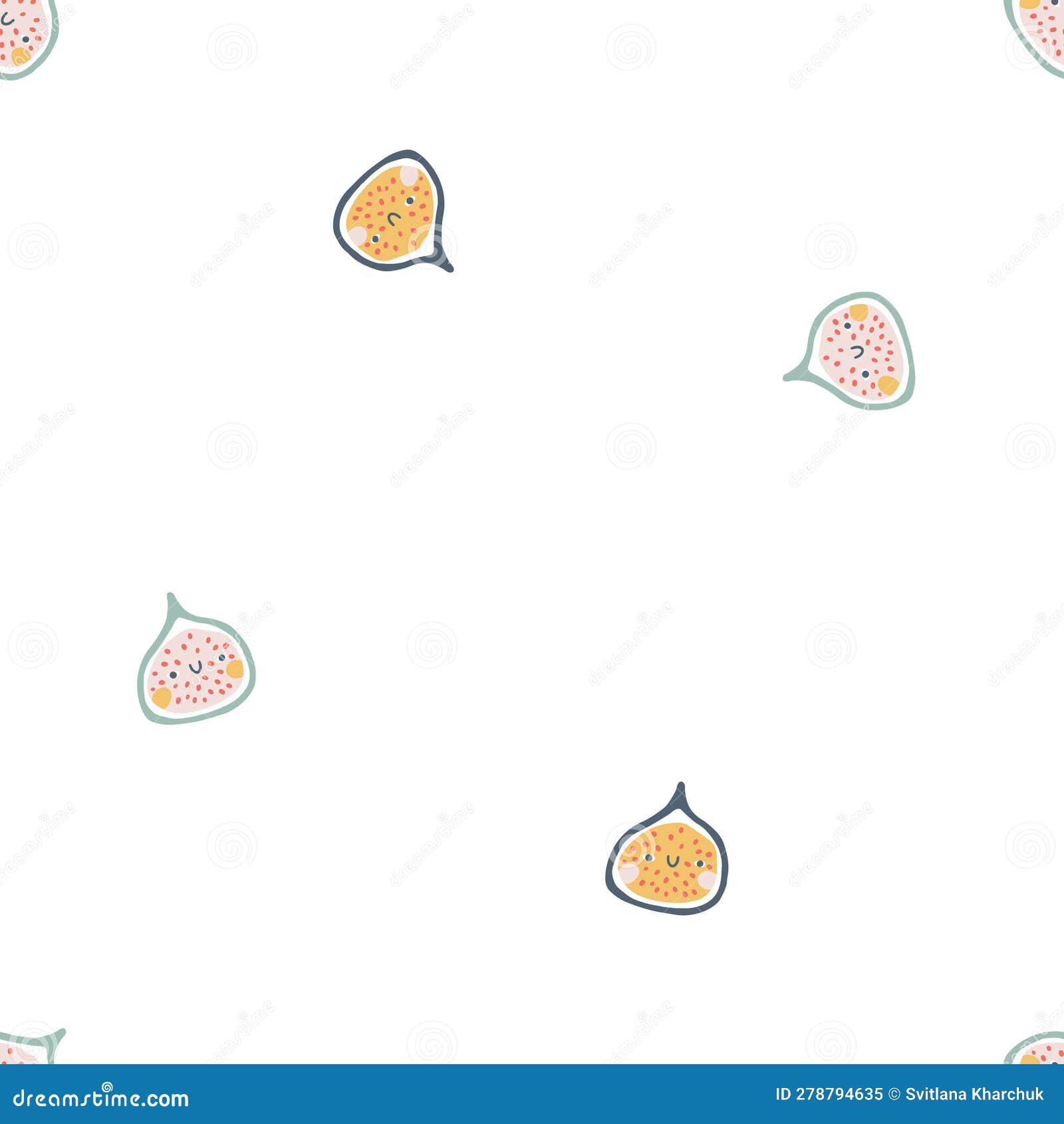 Fig Character Seamless Pattern with Smiley Face. Hand-drawn Cartoon ...