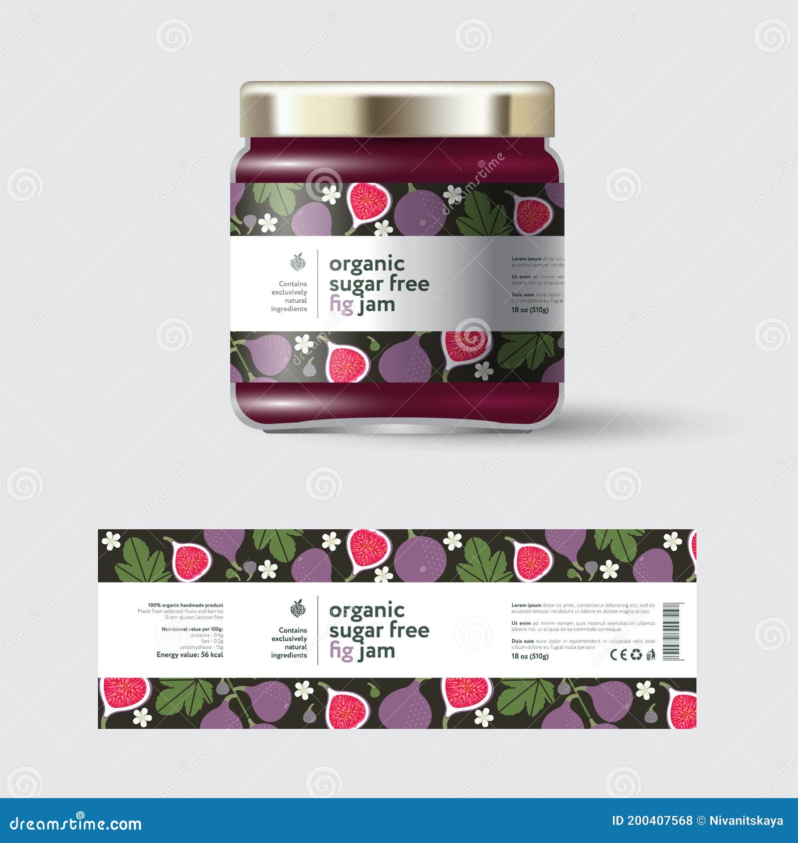 Fig Jam Label and Packaging. Jar with Cap with Label Stock Vector ...