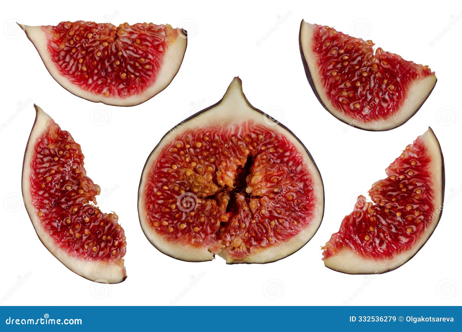 Fig Raw Fruit Cut in Half and Slices with Pulp Close-up Set Isolated on ...