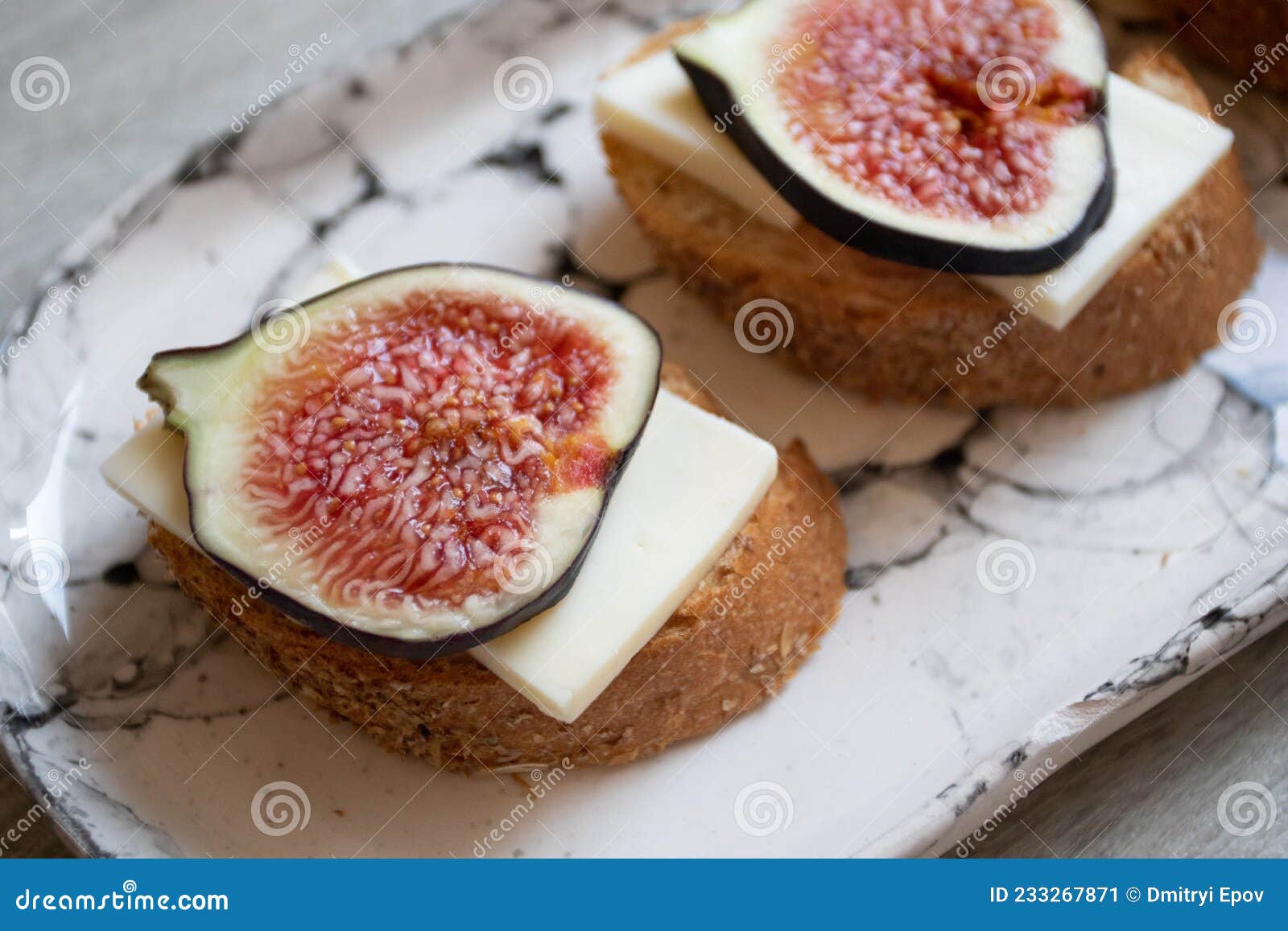 Fig Sandwich with Fresh Figs and Cheese on a Marble Plate Stock Image ...