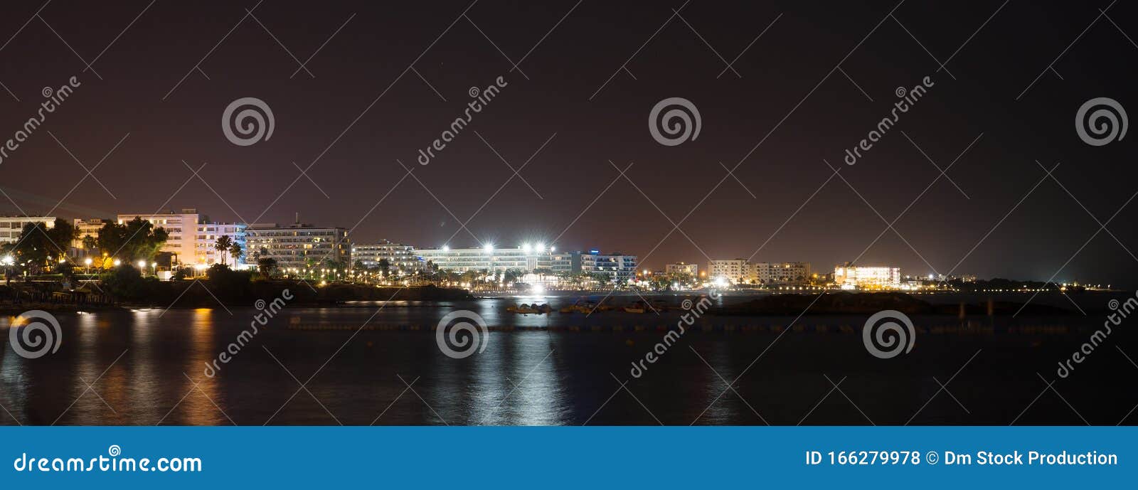 Fig Tree Beach in Protaras at Night. Stock Photo - Image of water, city ...