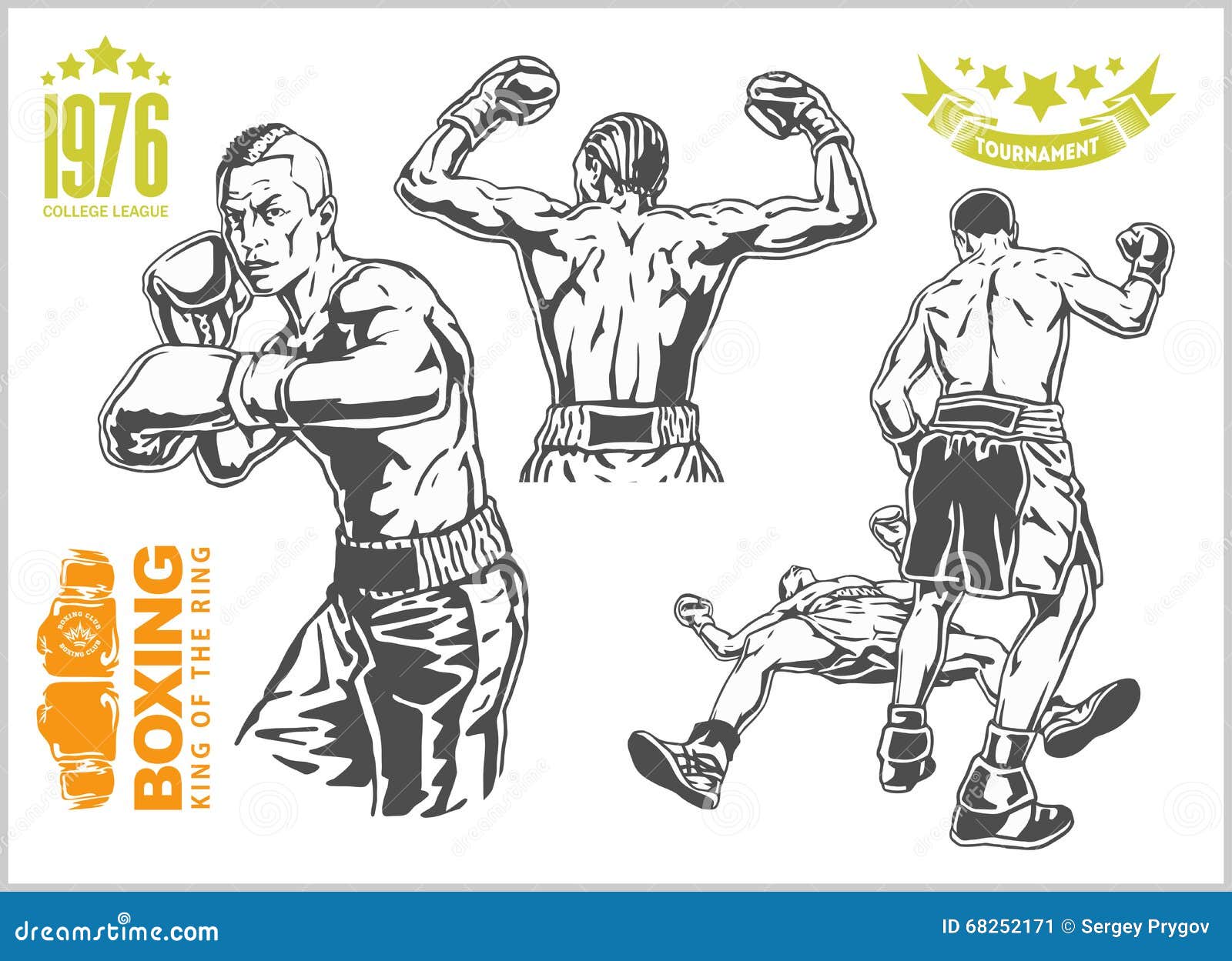 Fight Between Two Boxers - Set Of Monochrome Illustrations.Plus Vintage ...