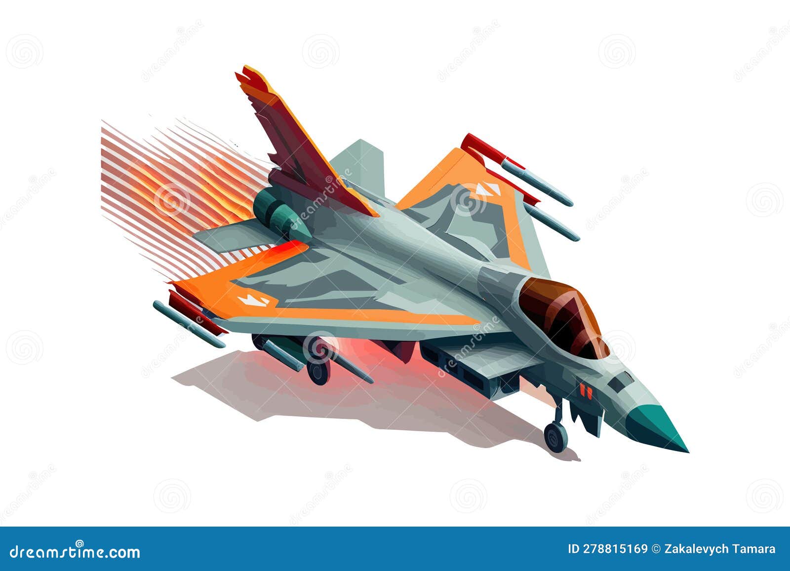 Fighter Aircraft Flying Plane with Burning Flame. Vector Illustration ...