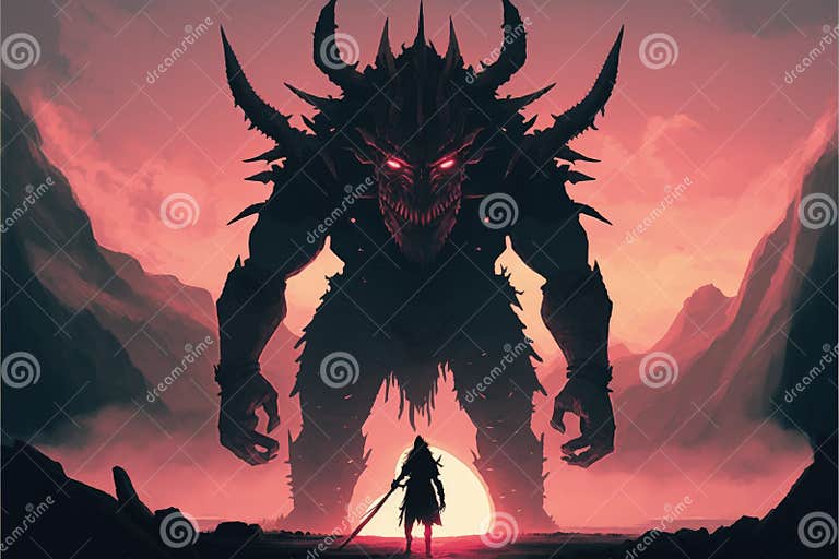 The Fighter Confronting Enormous Multi-headed Creature Stock ...