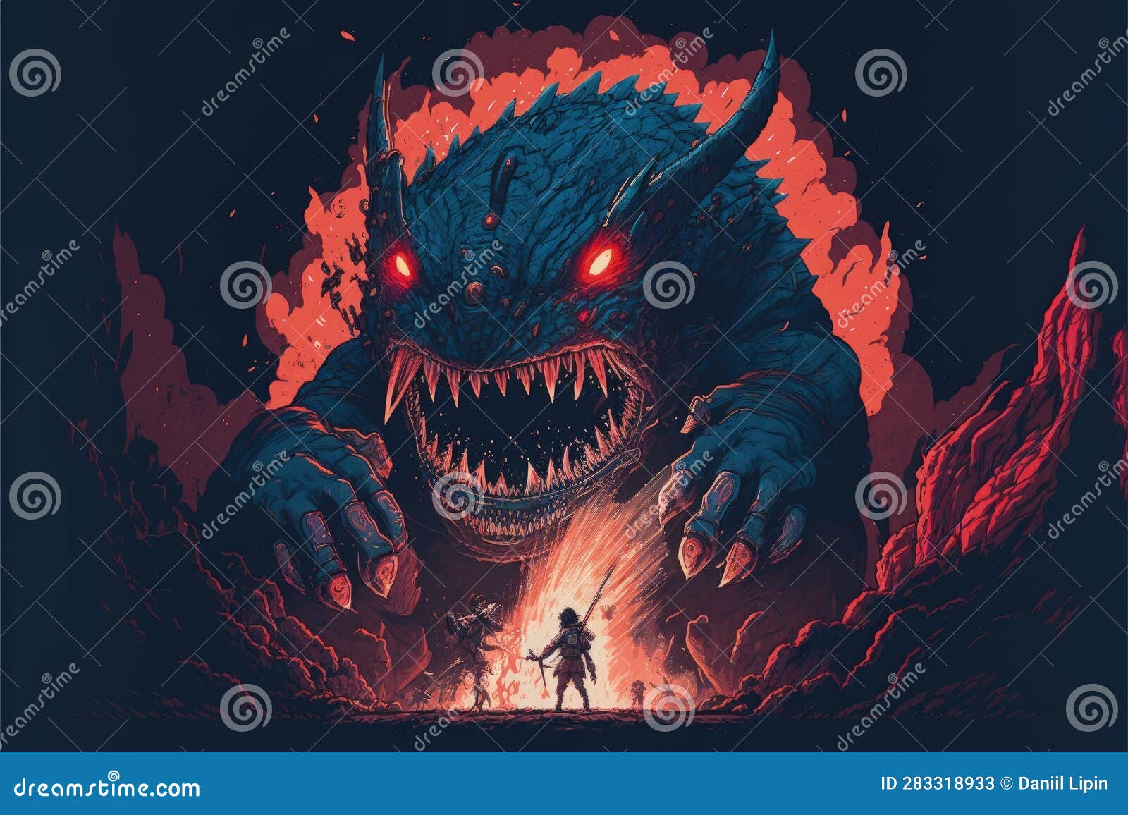 The Fighter Confronting Enormous Multi-headed Creature Stock ...