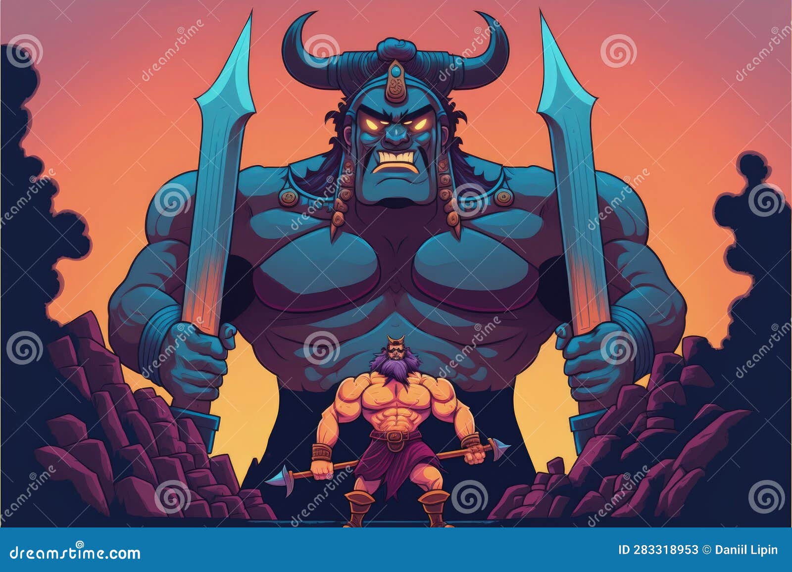 The Fighter Confronting Enormous Multi-headed Creature Stock ...