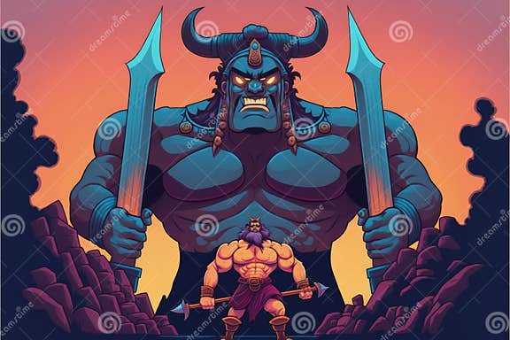 The Fighter Confronting Enormous Multi-headed Creature Stock ...