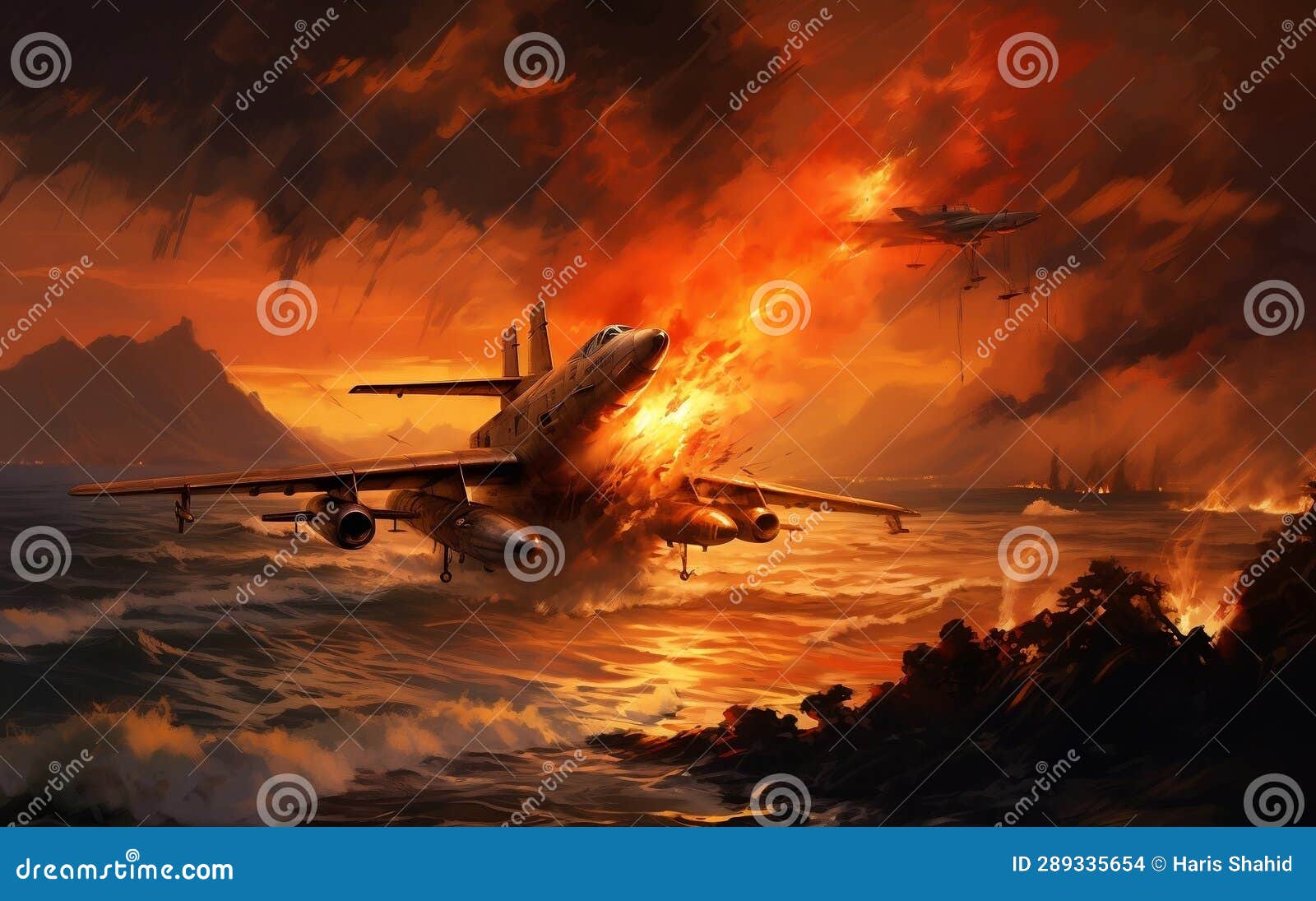 Fighter Jet on Fire Sinking in the Ocean. Generative Ai Stock ...