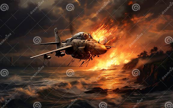Fighter Jet on Fire Sinking in the Ocean. Generative Ai Stock Photo ...