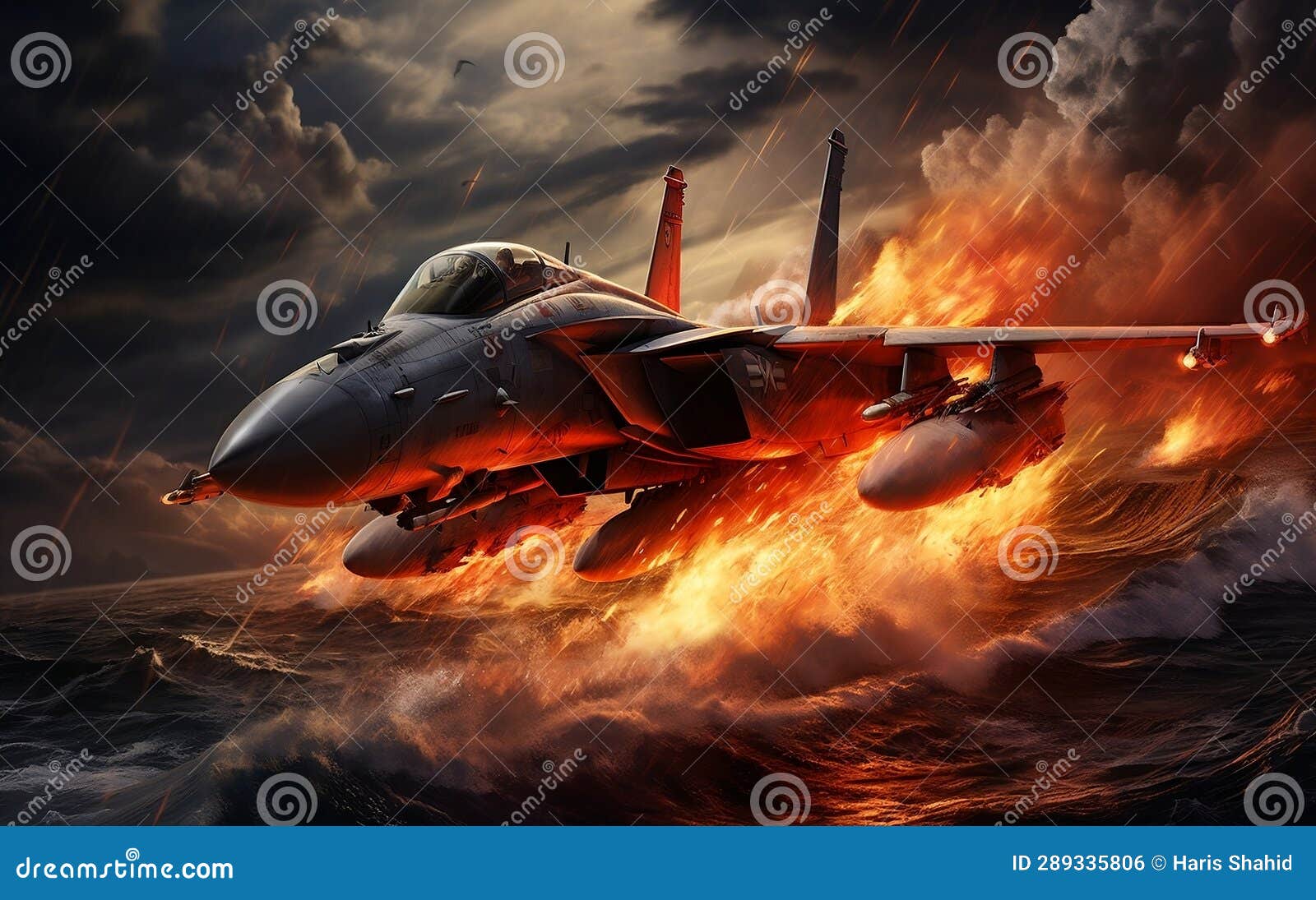 Fighter Jet on Fire Sinking in the Ocean. Generative Ai Stock ...