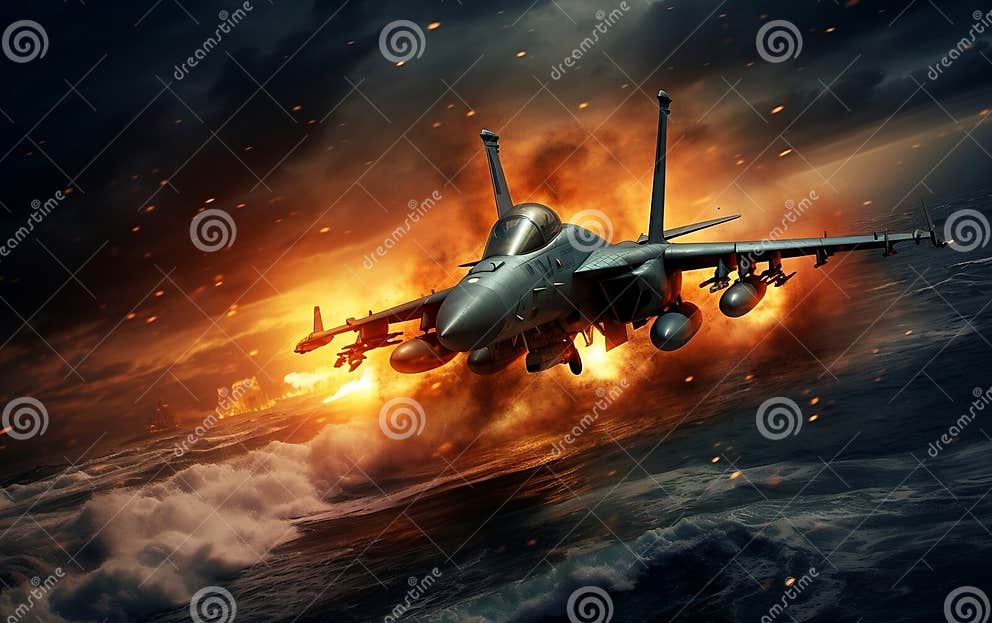 Fighter Jet on Fire Sinking in the Ocean. Generative Ai Stock Image ...