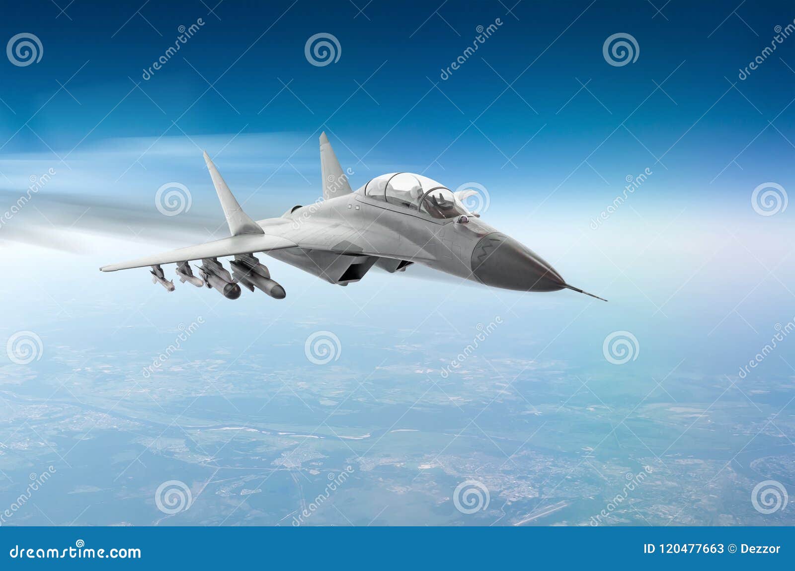 Fighter Jet Fly Hight Speed Combat Mission Above the Clouds. Stock ...