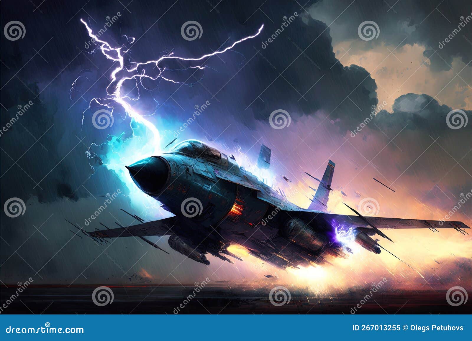 A Fighter Jet Flying through a Cloudy Sky Under a Lightning Bolt in the ...