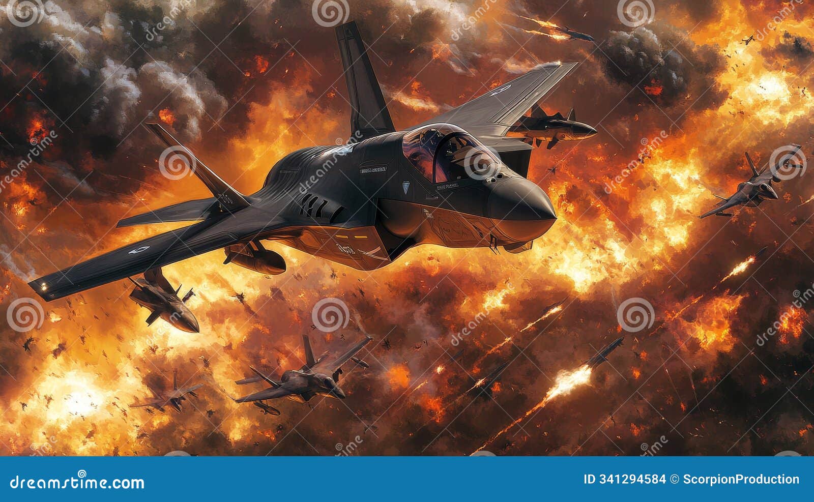 Fighter Jet Flying through Dramatic Explosion-filled Sky Stock Photo ...