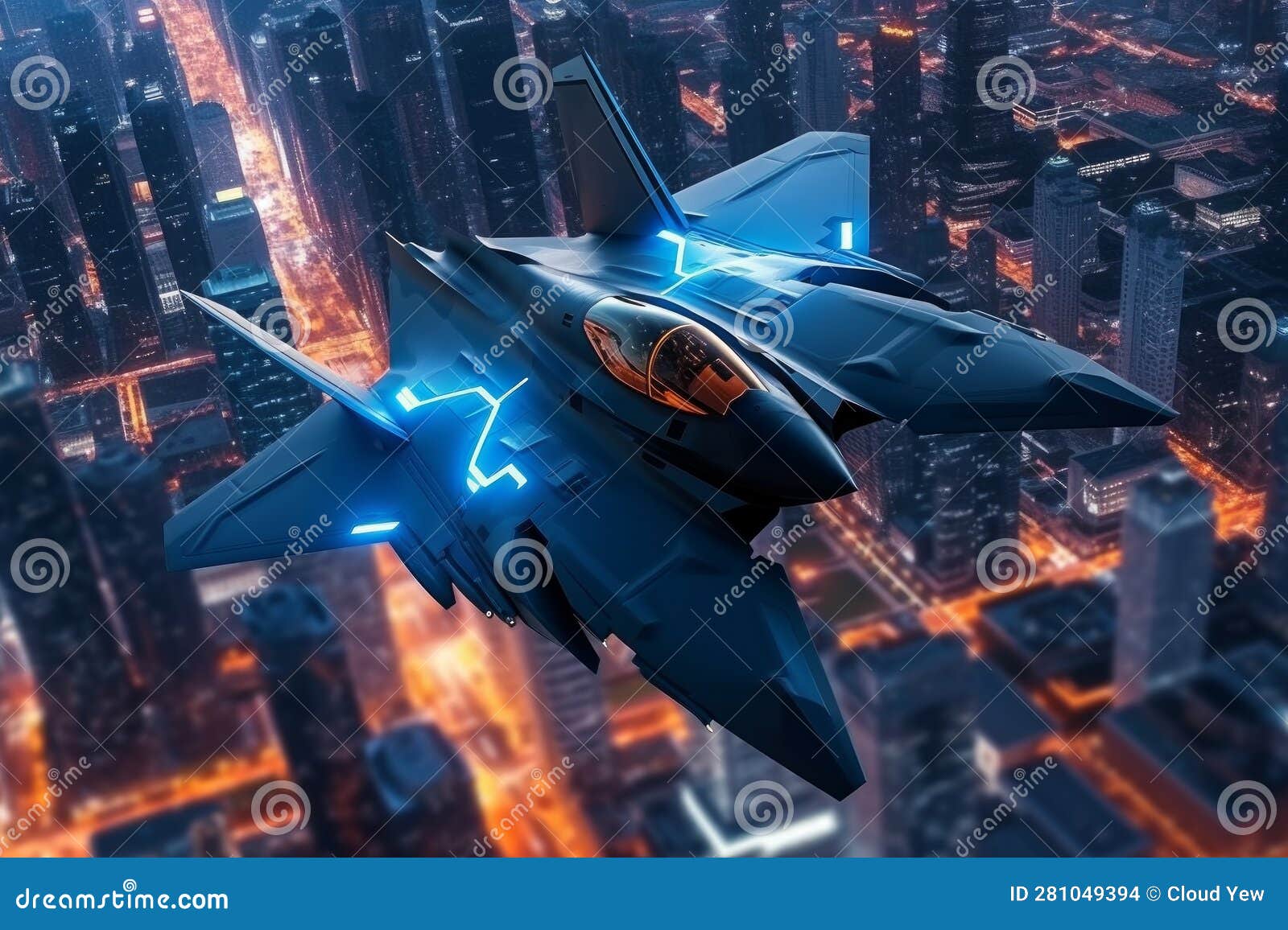 A Fighter Jet Flying Over a City at Night Stock Illustration ...