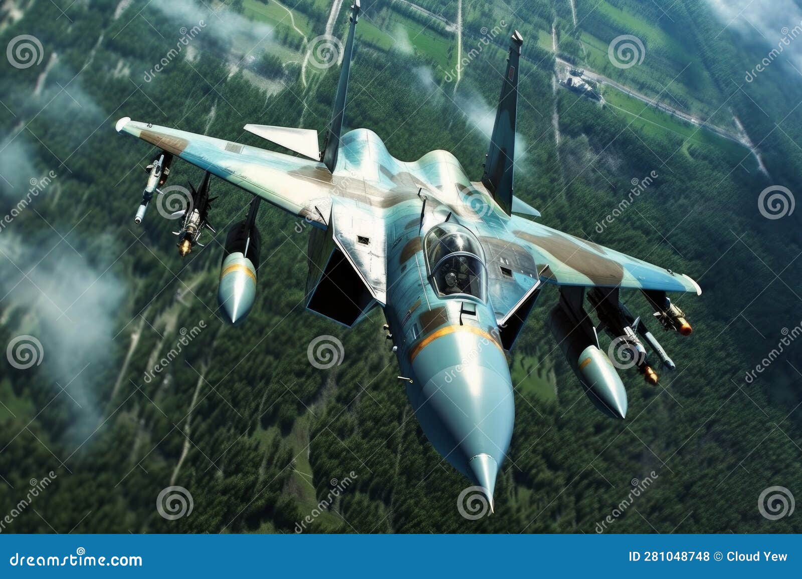 A Fighter Jet Flying Over a Lush Green Forest Stock Illustration ...