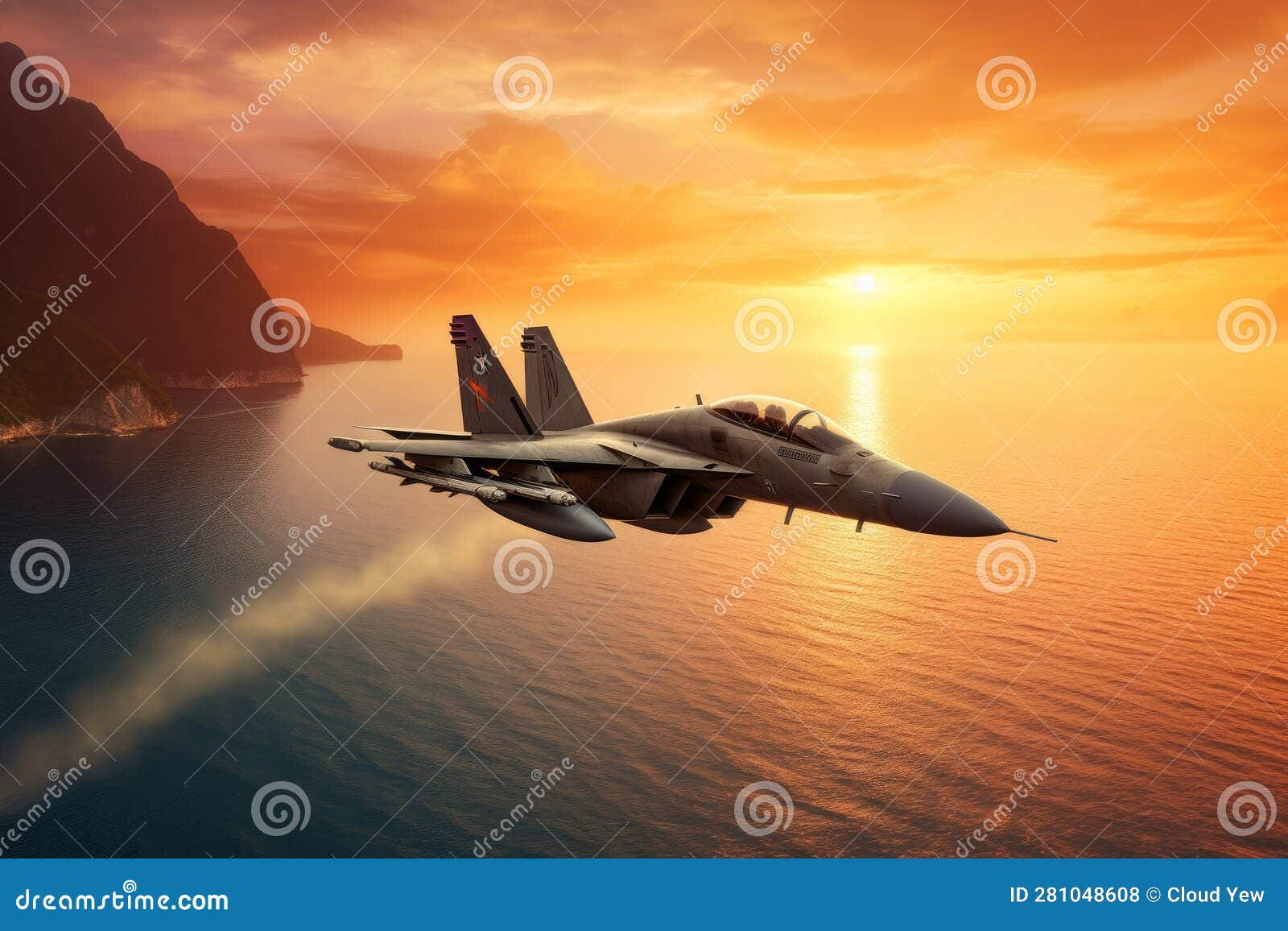 A Fighter Jet Flying Over the Ocean at Sunset Stock Illustration ...