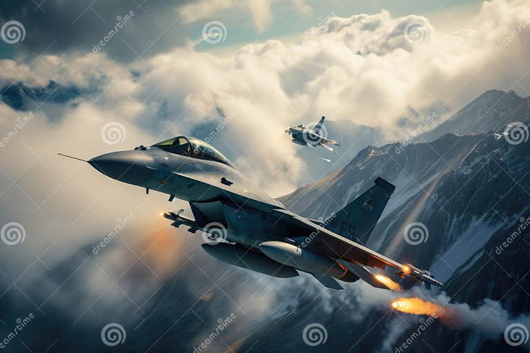 Fighter Jet Fighter Flying in the Sky Over Mountains. 3d Rendering ...