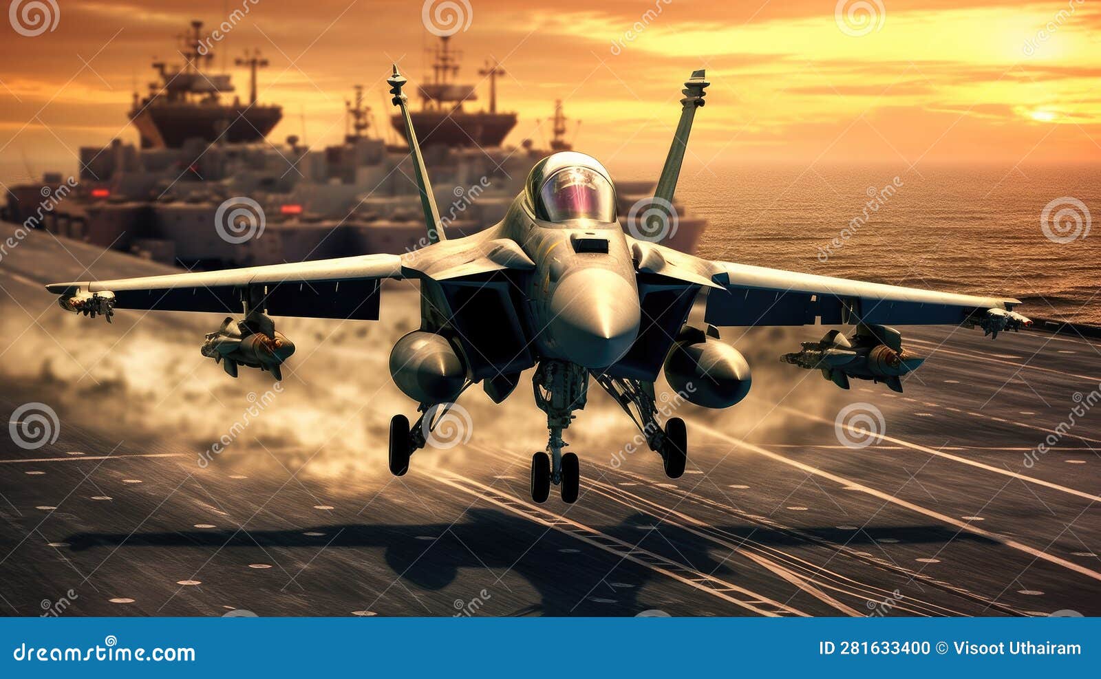 Fighter Jet Is Taking Off A Military Aircraft Carrier Ship, Generative ...