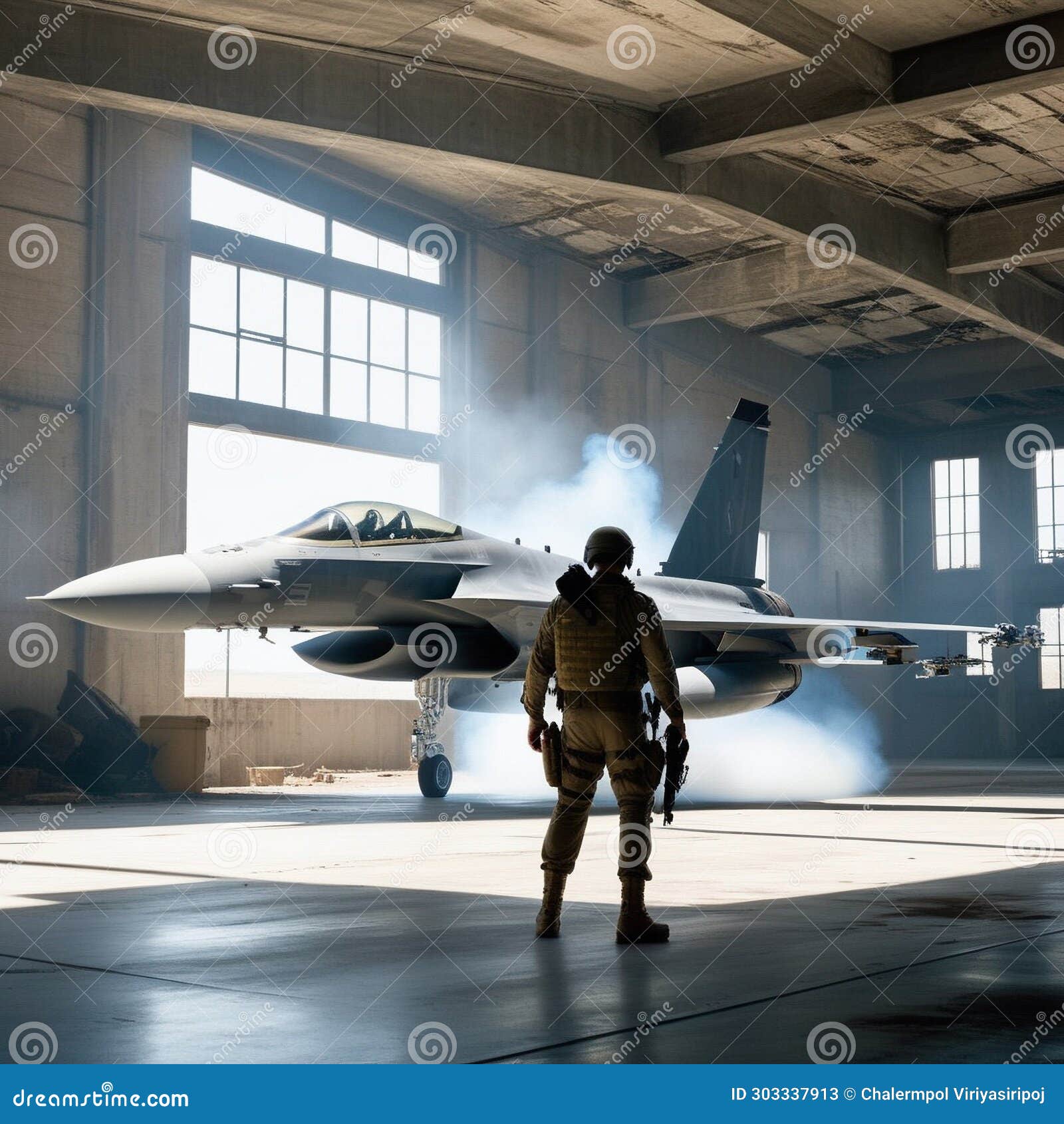 A Fighter Jet is Parked in an Abandoned Building. Stock Illustration ...
