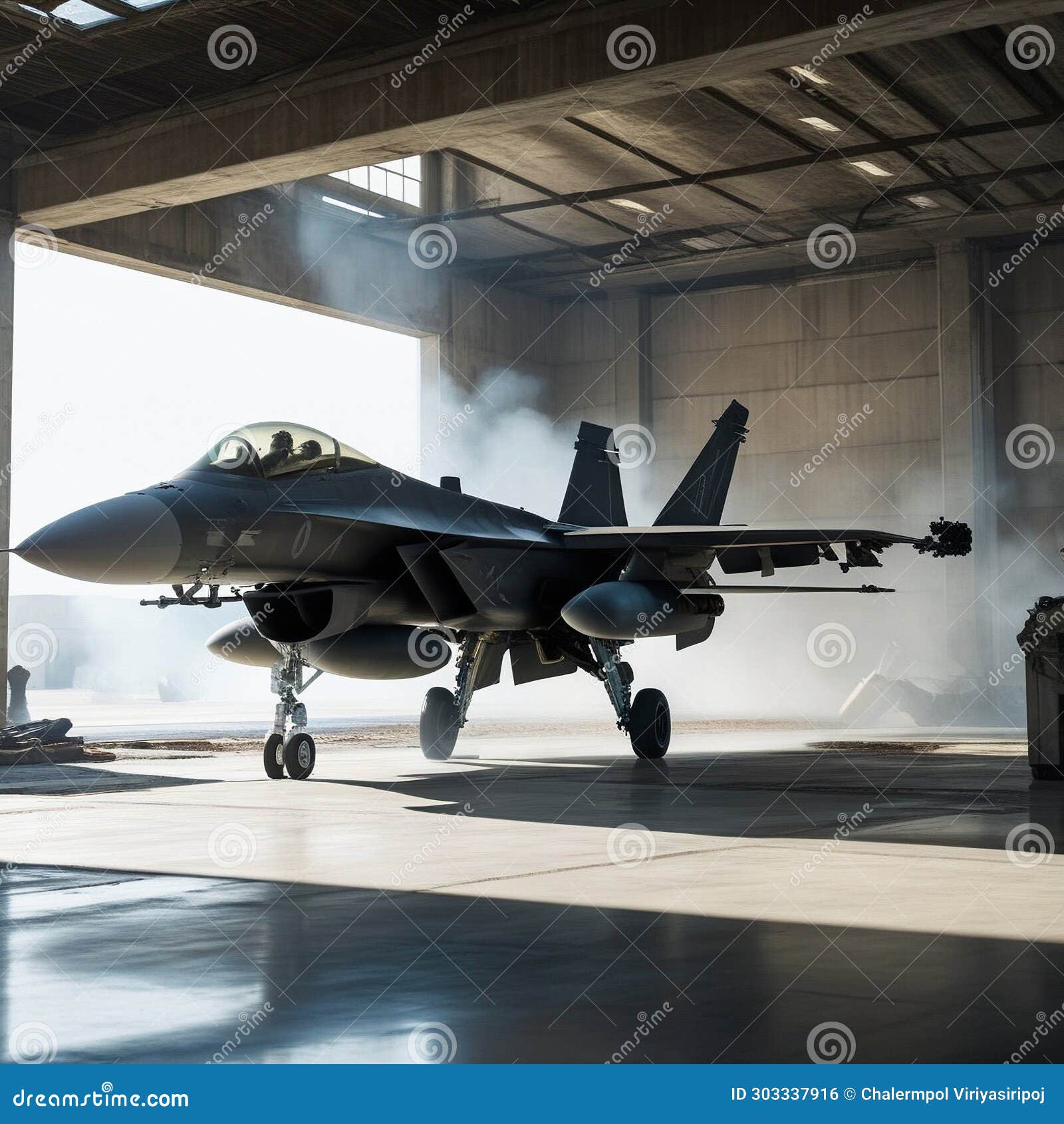 A Fighter Jet is Parked in an Abandoned Building. Stock Illustration ...
