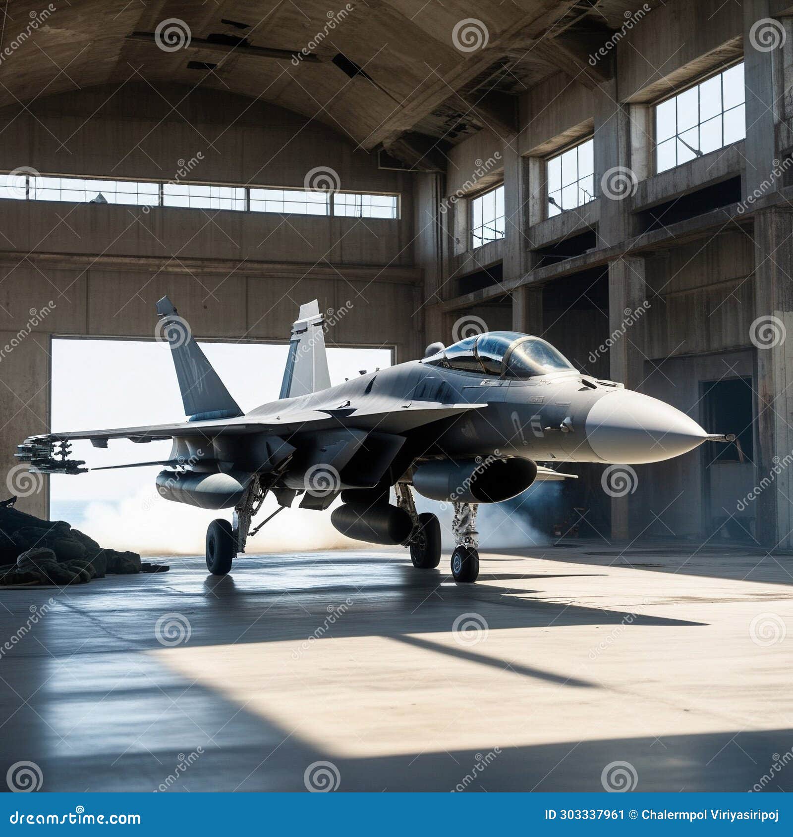 A Fighter Jet is Parked in an Abandoned Building. Stock Illustration ...