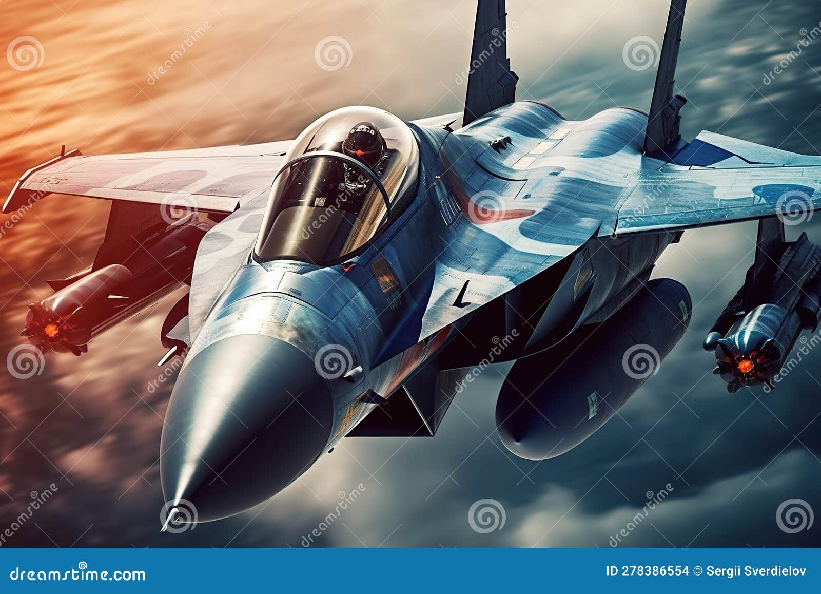 The Fighter Jet Slices through the Air, Its Engine Roaring with Power ...