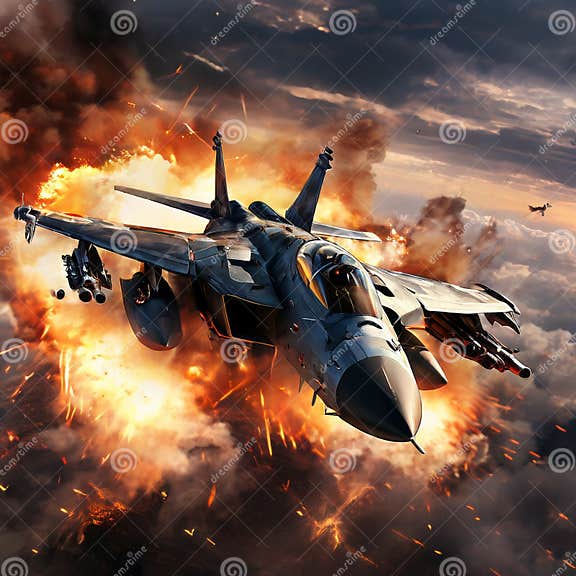 Fighter Jet Soaring through Explosion in Dramatic War Scene Stock Photo ...