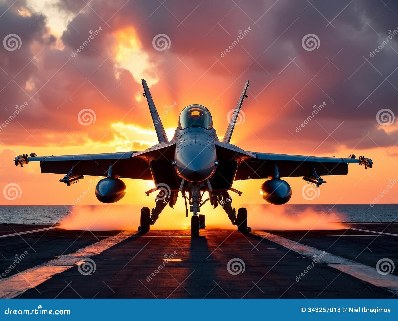 Fighter Jet at Sunset on Aircraft Carrier Runway with Dramatic Sky ...