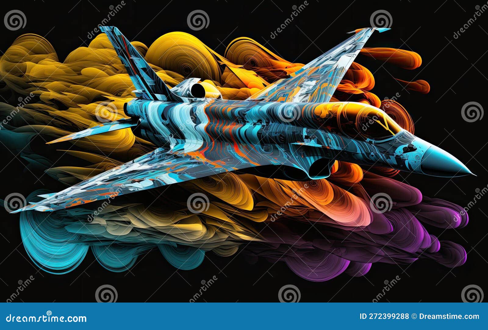 Fighter Jet Surrounded by Abstract Waves of Color on a Black Background ...
