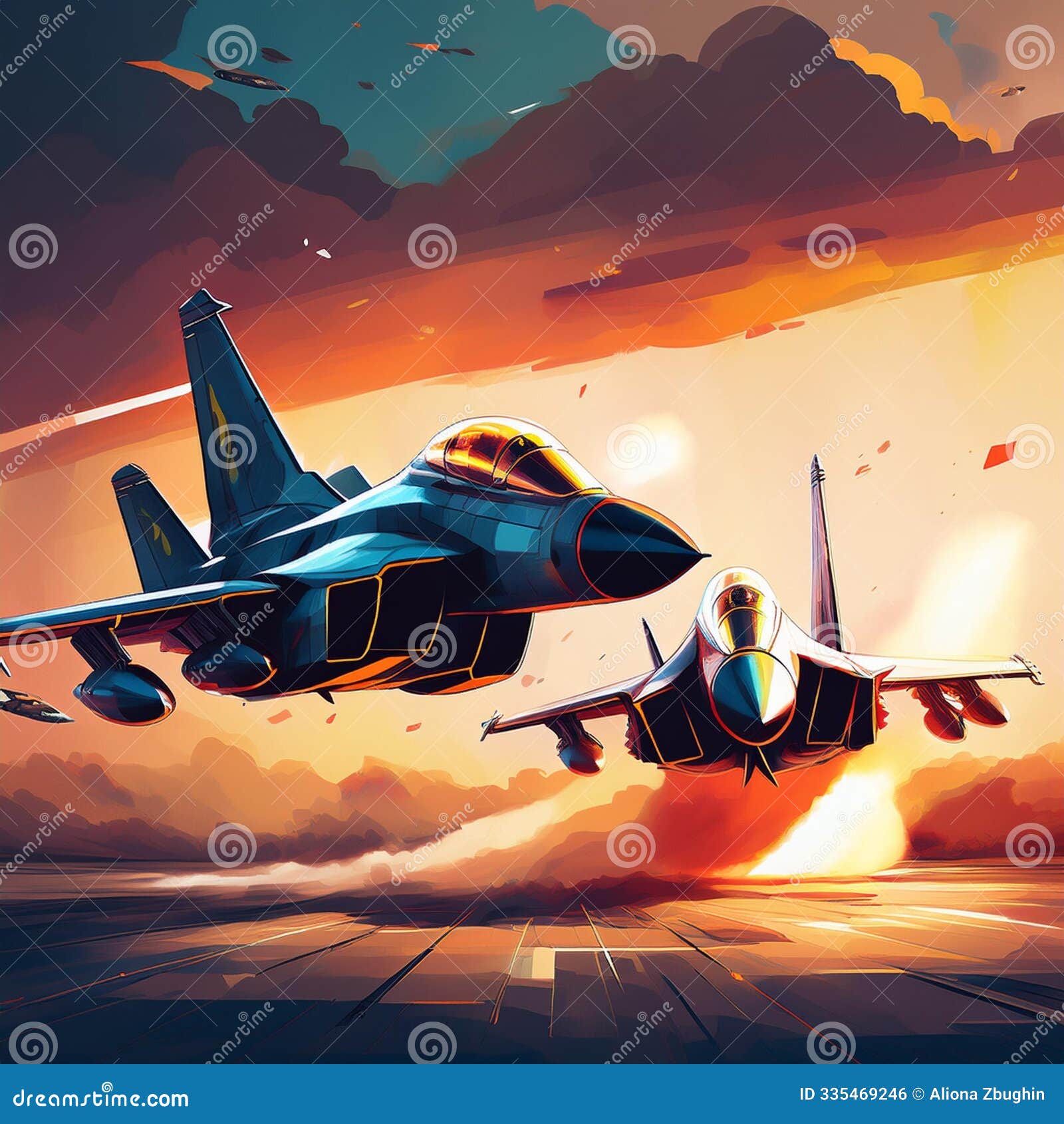 Fighter Jets Flying In A Military Combat Zone. Bomber Plane With ...