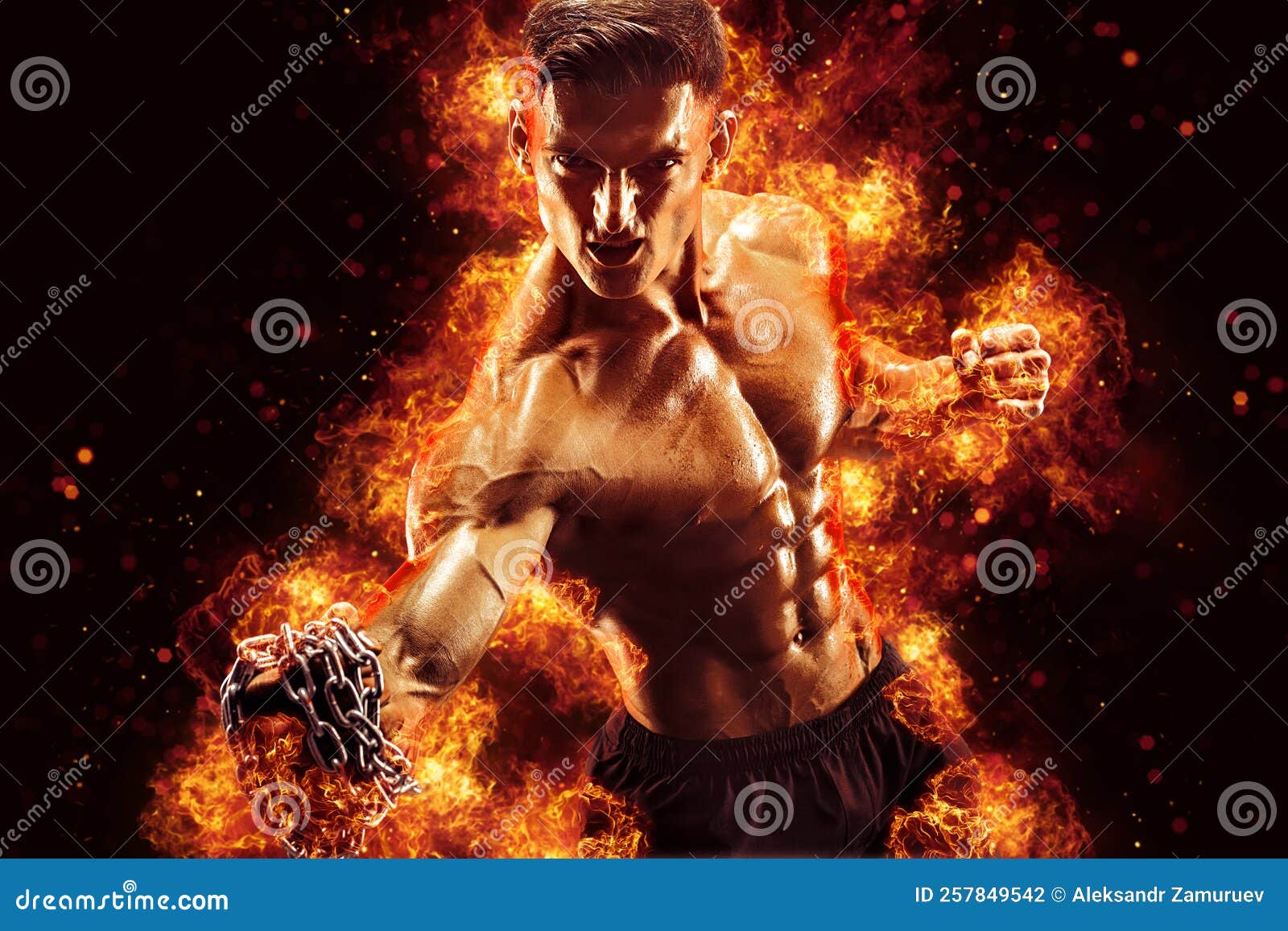 Fighter Man with Chain on Hand Punching in Fire Stock Photo - Image of ...
