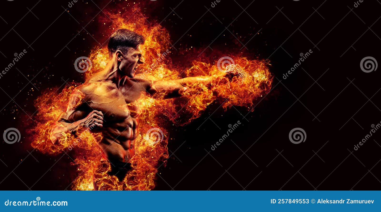 Fighter Man with Chain on Hand Punching in Fire Stock Image - Image of ...