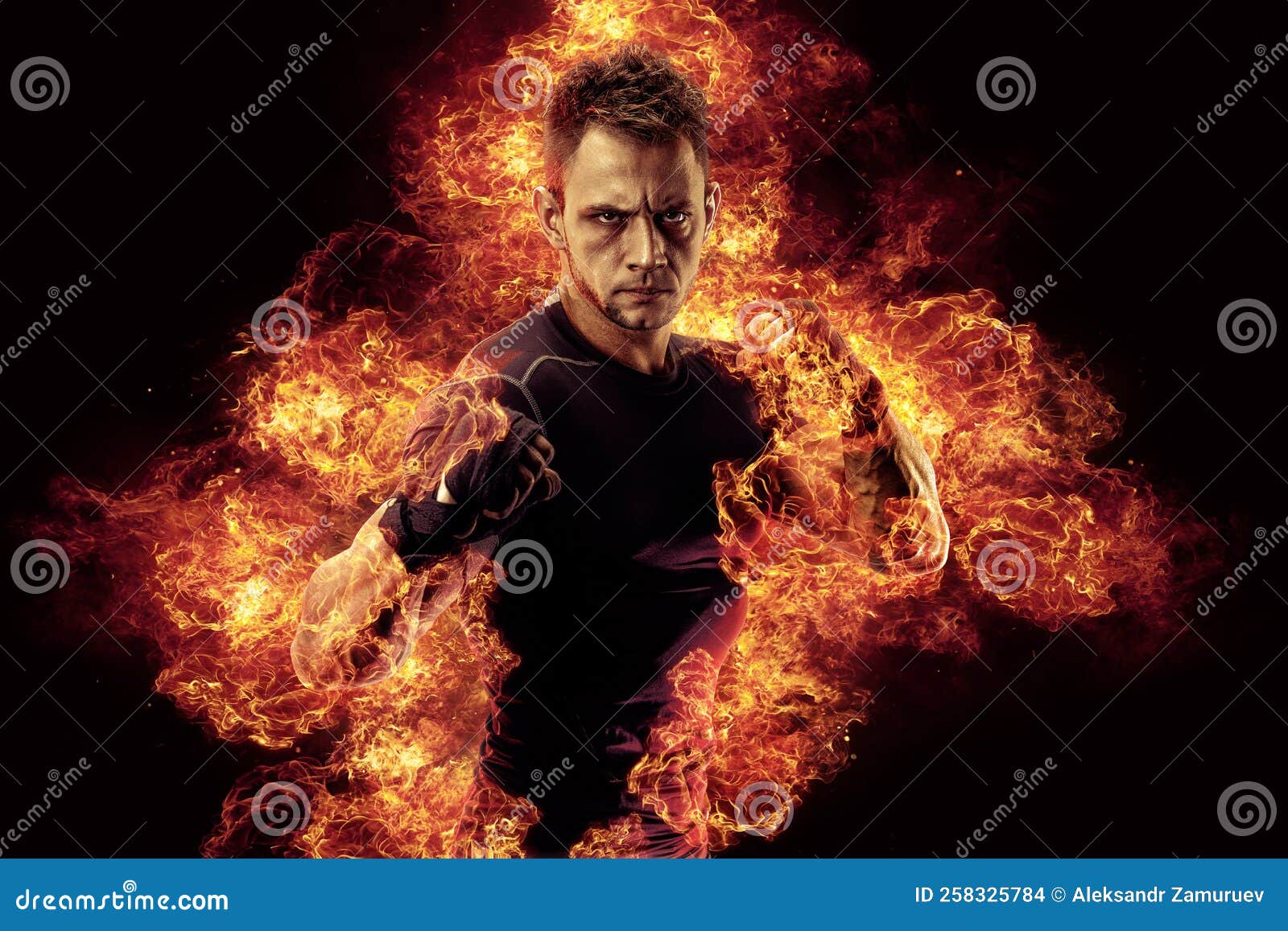 Fighter Man Punching in Fire Stock Photo - Image of muay, kickbox ...