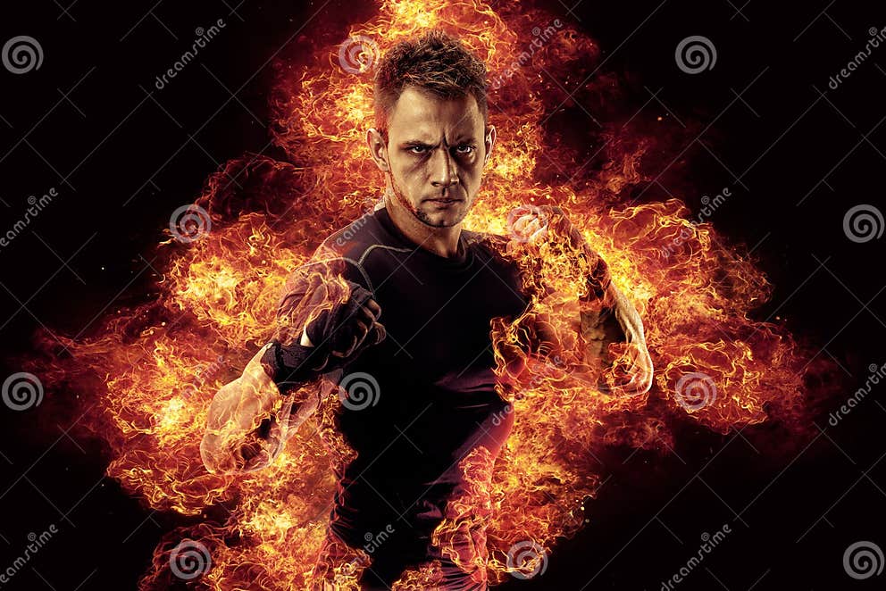 Fighter Man Punching in Fire Stock Photo - Image of muay, kickbox ...