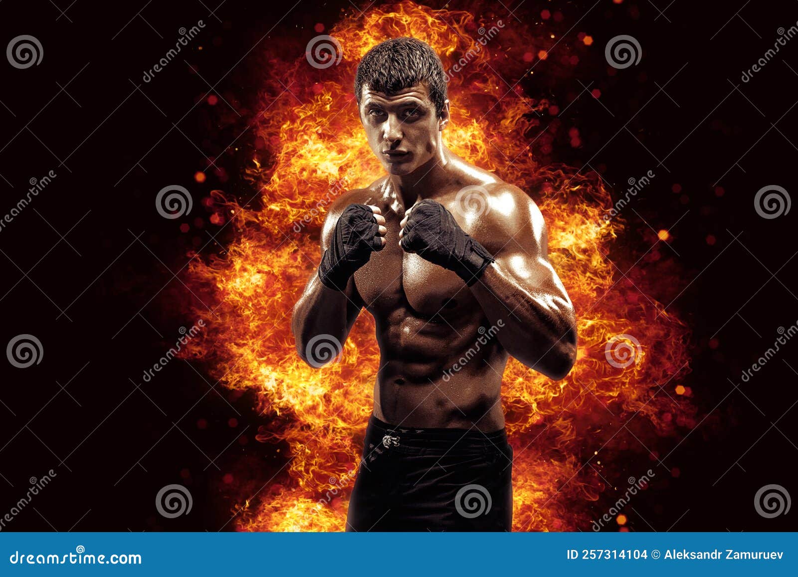 Fighter Man Punching in Fire Stock Photo - Image of energy, action ...