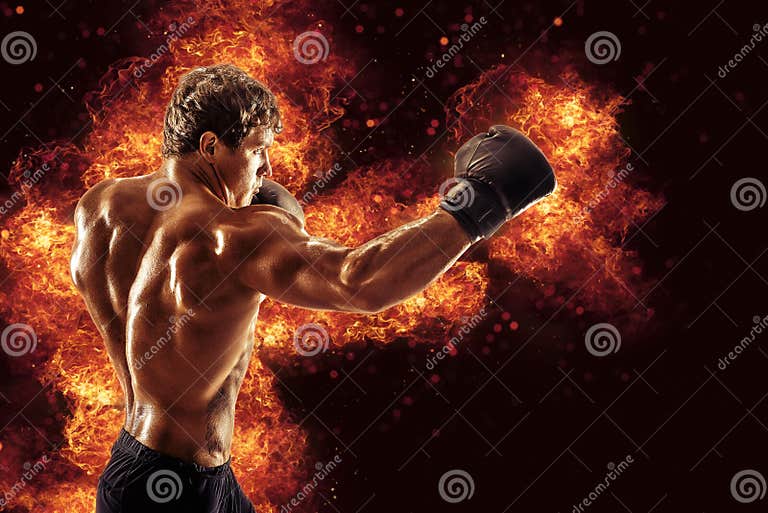 Fighter Man Punching in Fire. MMA Fighter Stock Image - Image of ...