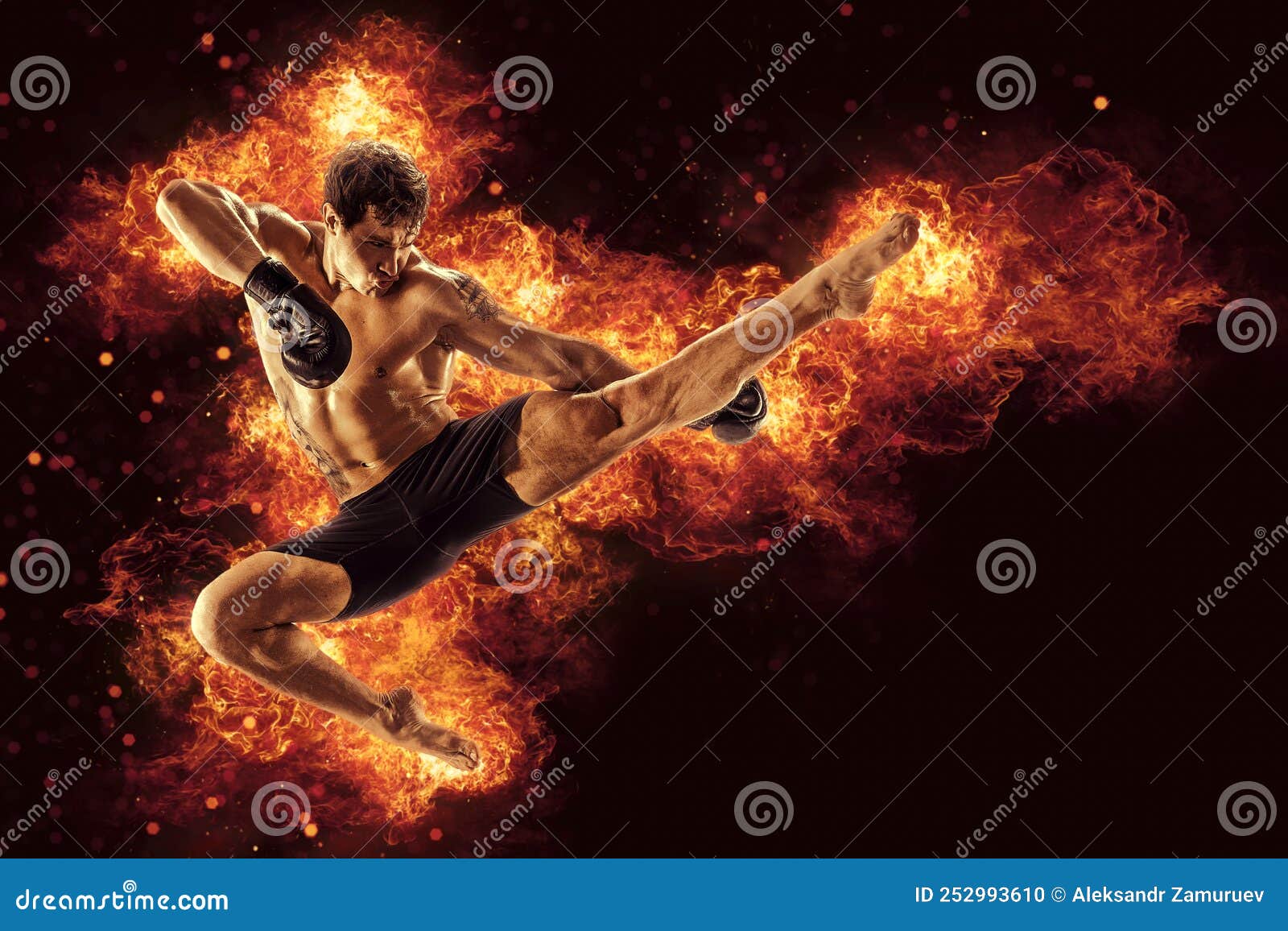 Fighter Man Punching in Fire. MMA Fighter Stock Photo - Image of ...