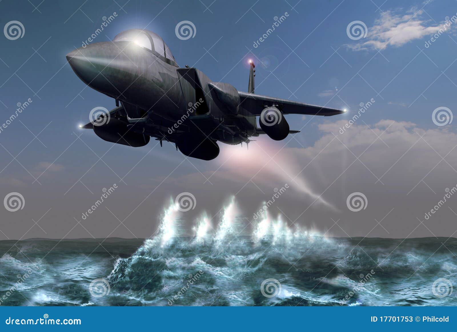 Fighter over the ocean stock illustration. Illustration of technology ...