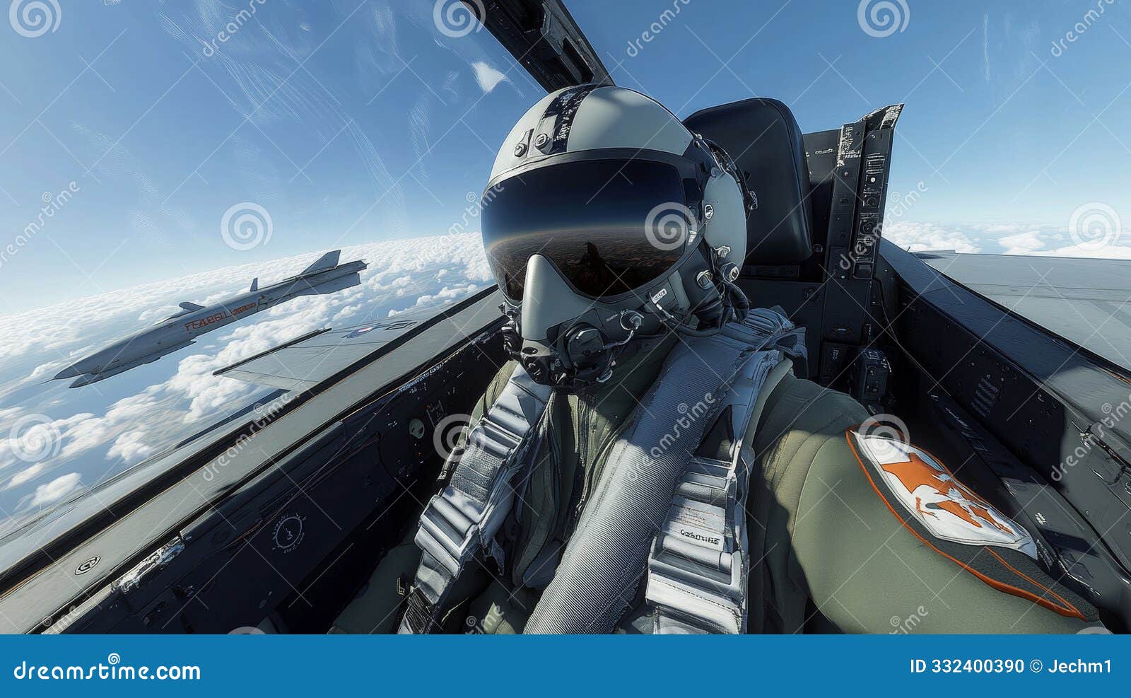 Fighter Pilot in Cockpit Soaring through the Sky with a Missile in View ...