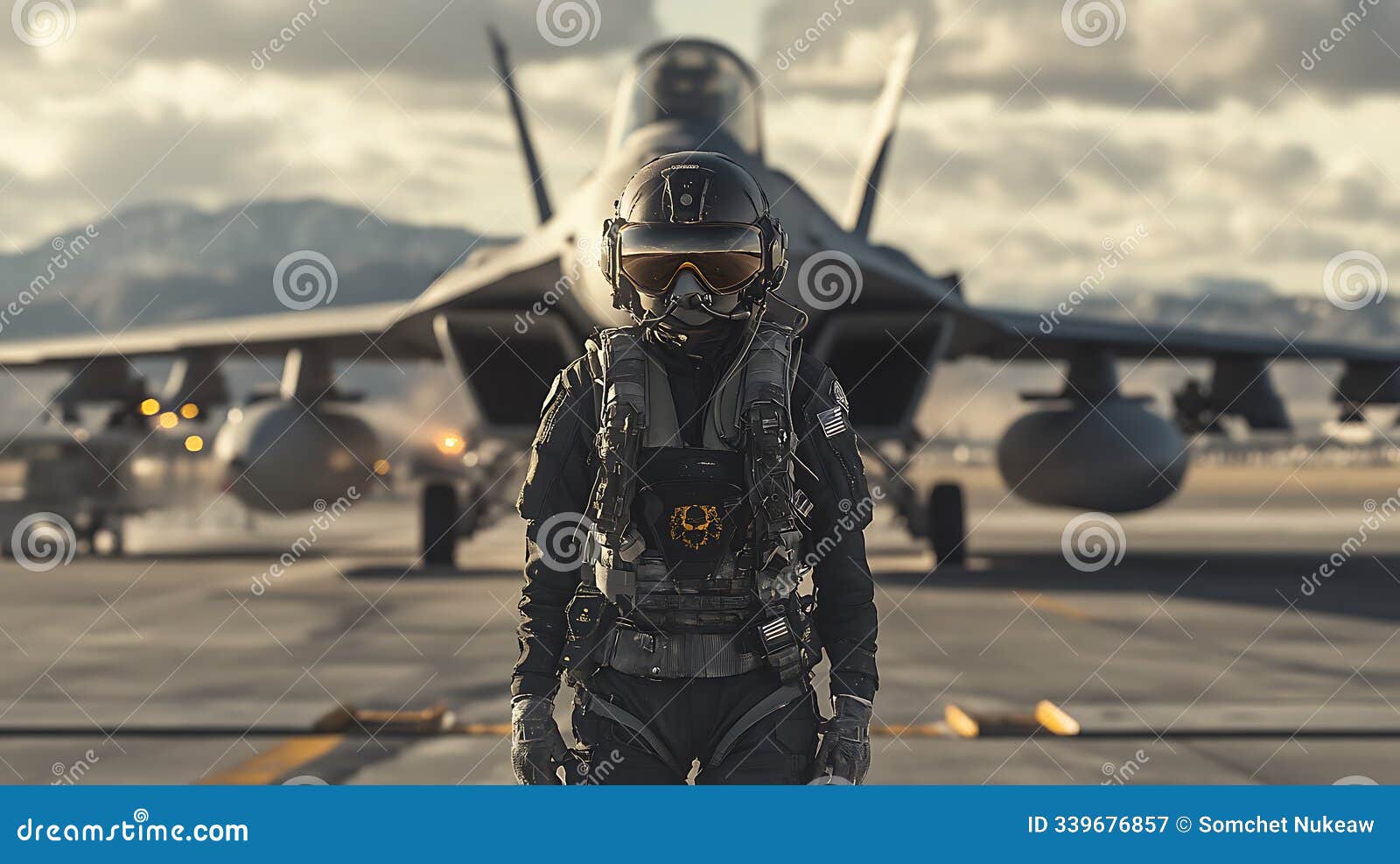 A Pilot Stands With Both Hands Holding A Replica Of An Airplane Stock ...