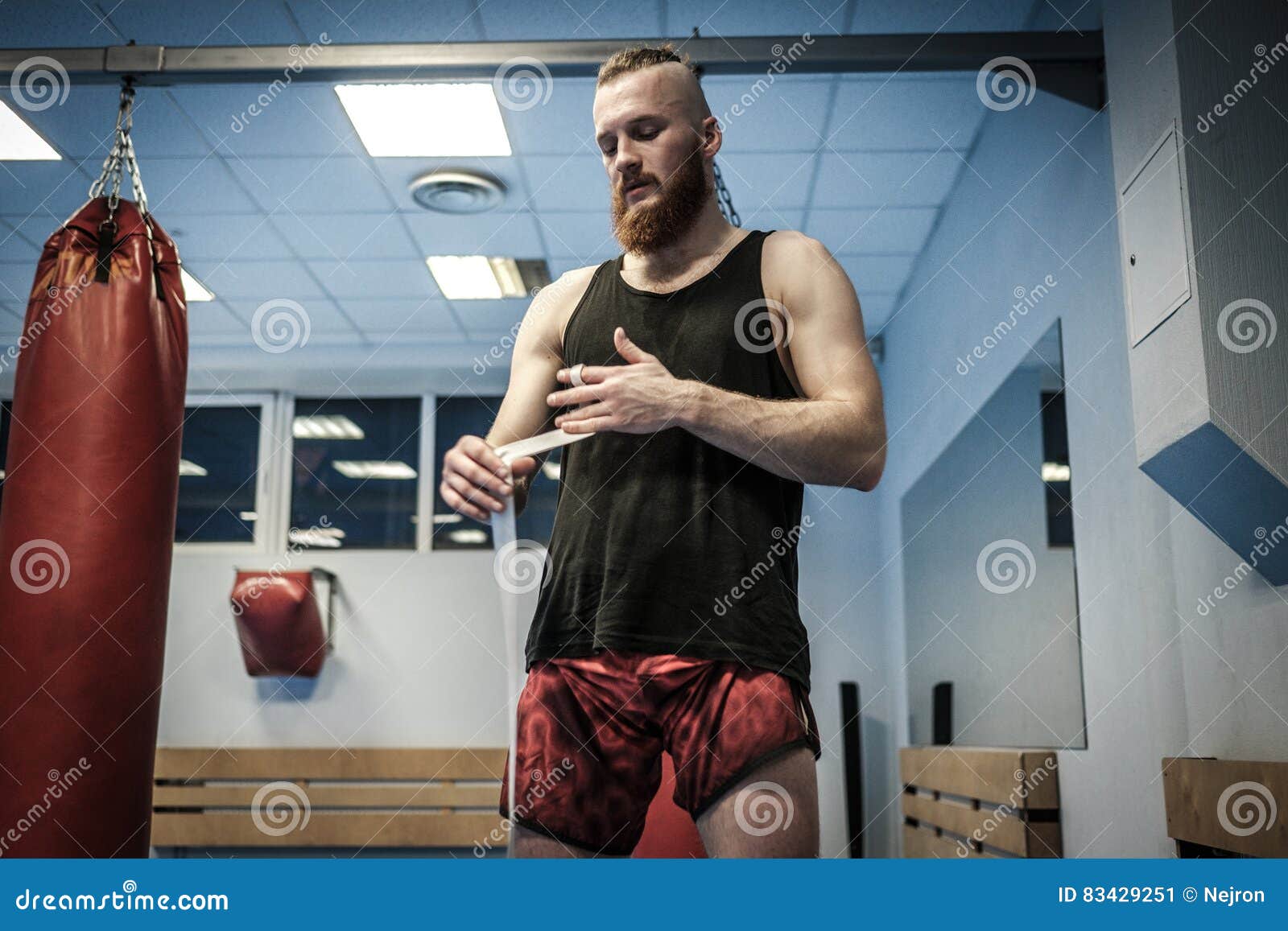 Fighter Preparing for Training, Wrapping Hands with Boxing Wraps Stock ...