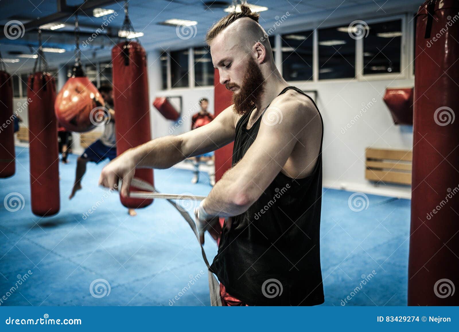 Fighter Preparing for Training, Wrapping Hands with Boxing Wraps Stock ...